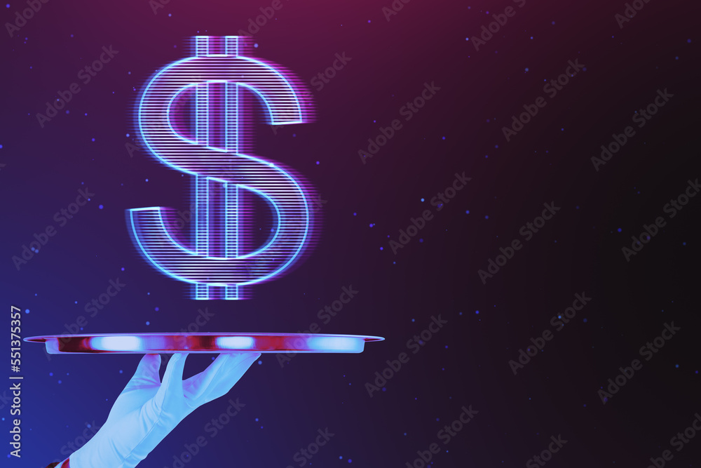 Close up of hand in glove holding silver tray with glowing digital ...