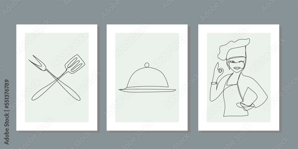 One line art cooking, cooker food service set. Wall art four frame ...