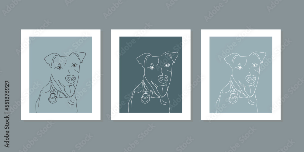 Cute dog portrait, animal continuous line drawing elements set. Serious ...