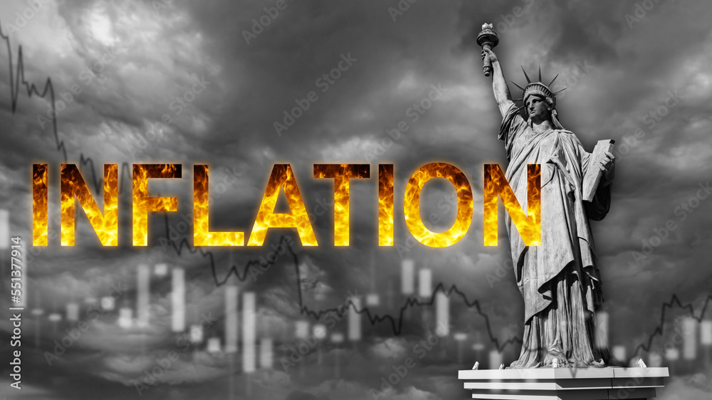 USA inflation. Statue of Liberty with falling quotes. Inflation logo ...