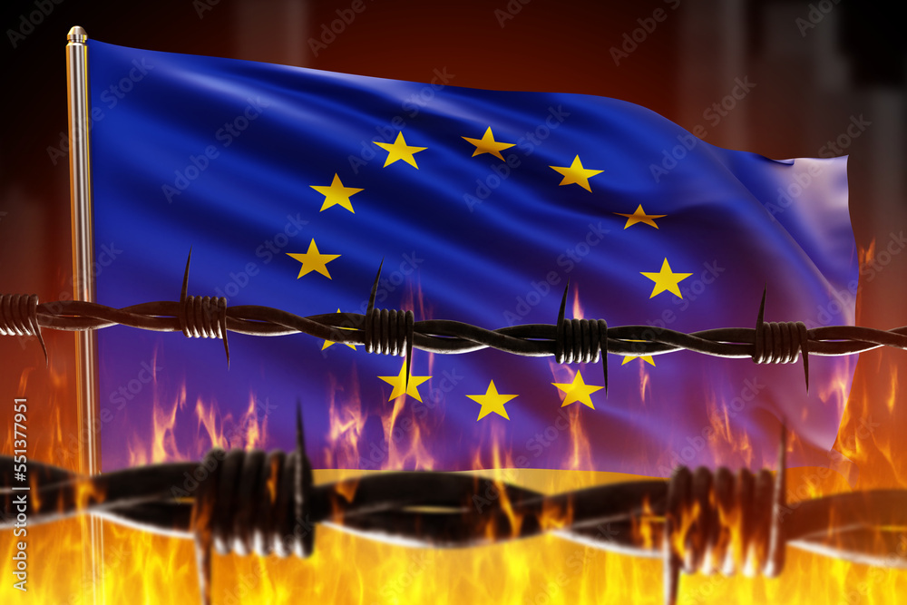 Barbed wire. Flag of European Union. Concept of sanctions against ...