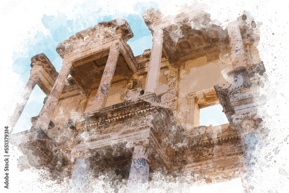 Watercolor illustration of Ephesus ancient city. Watercolor ...