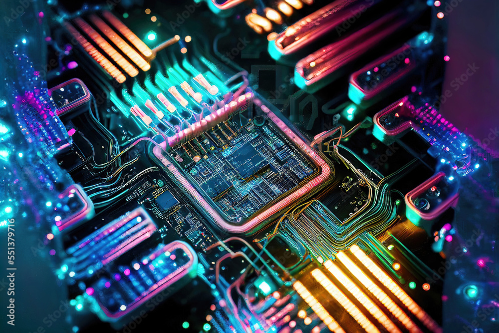 Colorful microchip on computer motherboard with neon glow Stock ...