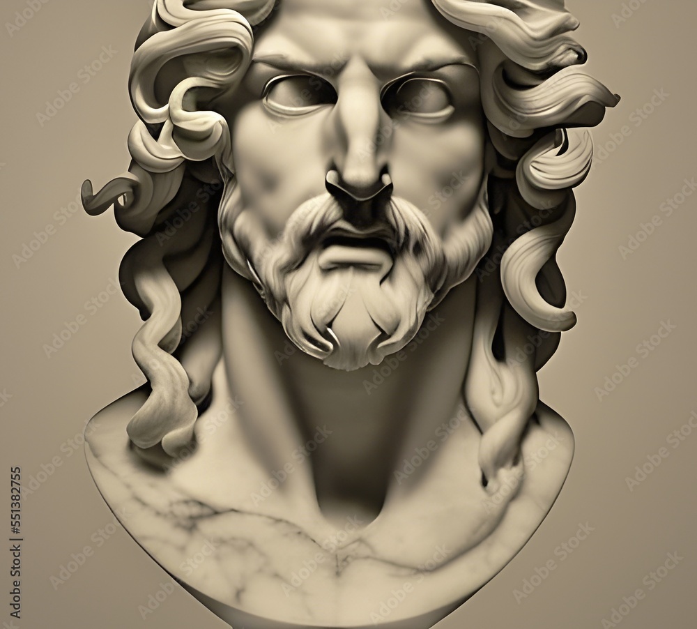 Naklejka 3D illustration featuring a chiseled white marble statue bust ...