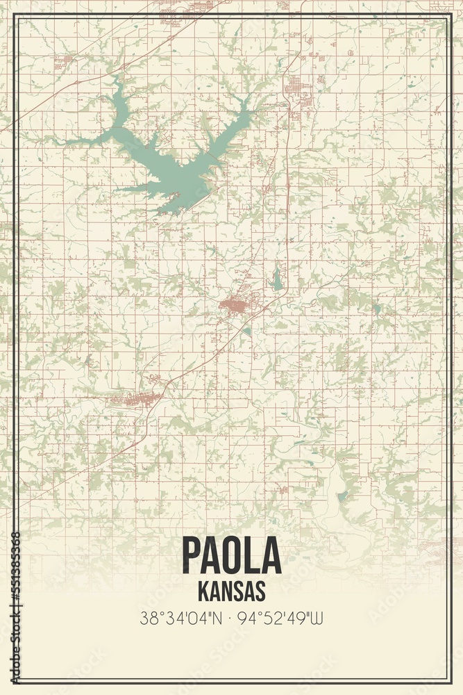 Poster Retro US city map of Paola, Kansas. Vintage street map. – Wall ...