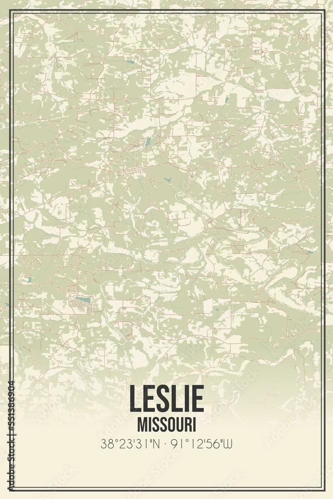 Poster Retro US city map of Leslie, Missouri. Vintage street map ...