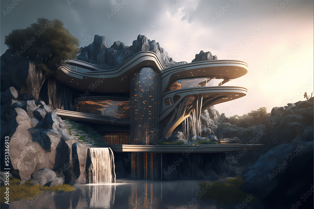 Villa House Building above falling water in a deconstructivist style ...