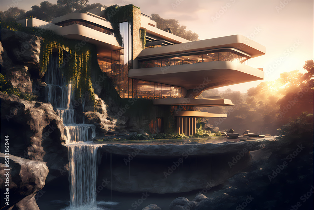 Villa House Building above falling water in a deconstructivist style ...