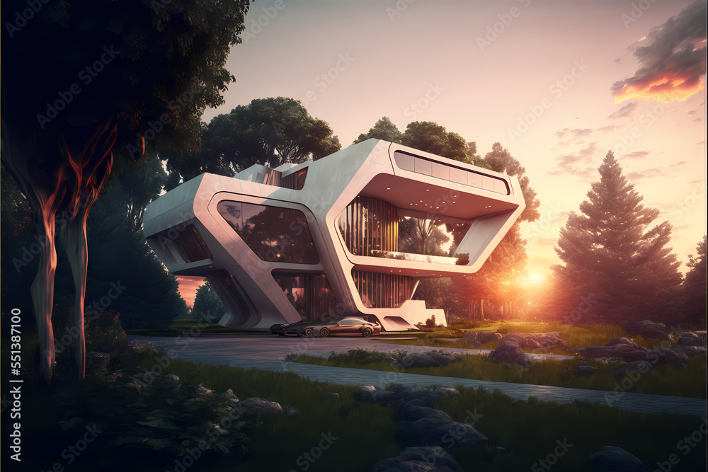 Villa House Building above falling water in a deconstructivist style ...