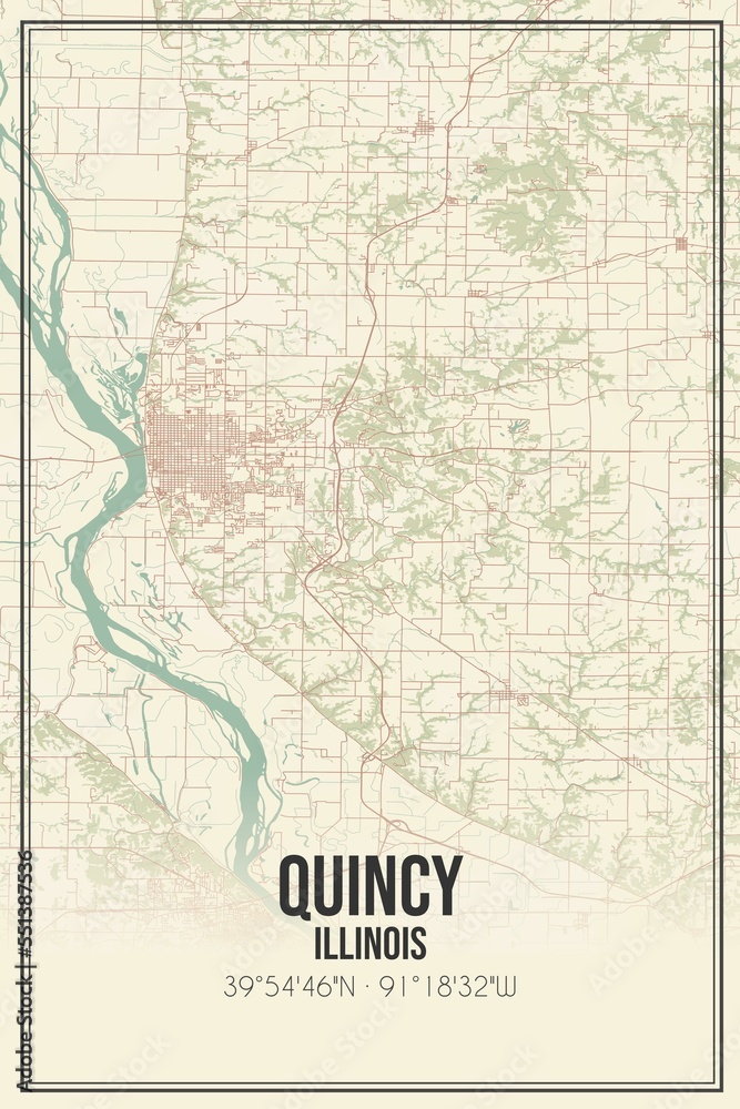 Poster Retro US city map of Quincy, Illinois. Vintage street map ...