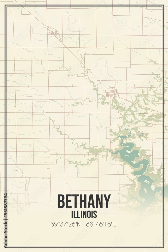 Poster Retro US city map of Bethany, Illinois. Vintage street map ...
