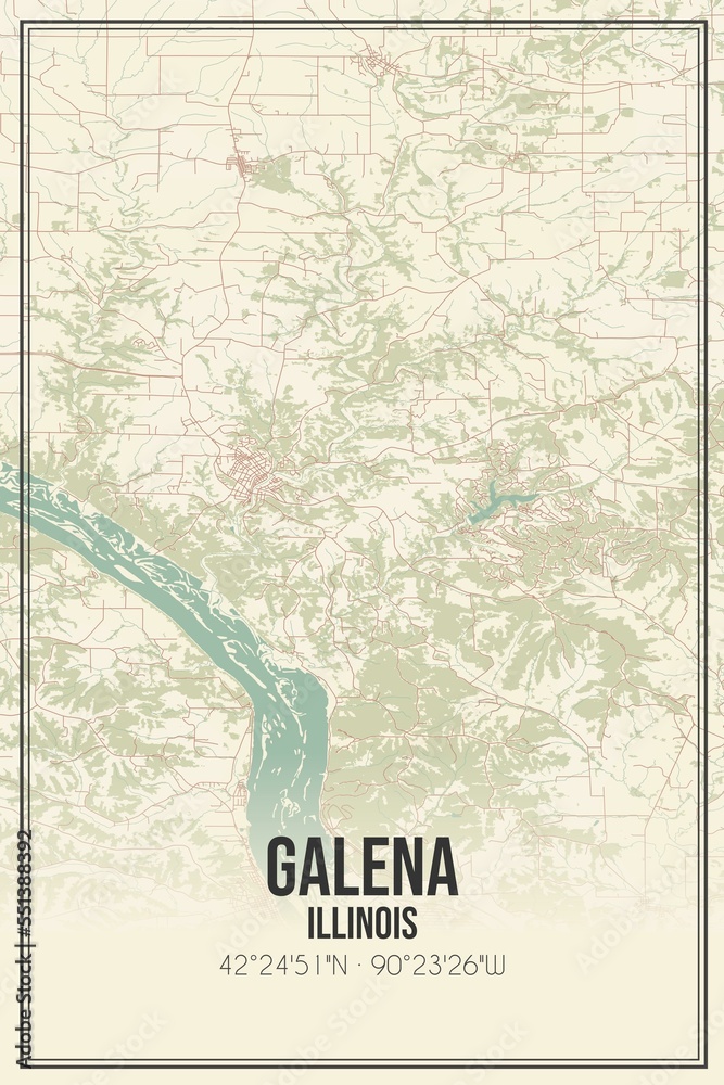 Retro US city map of Galena, Illinois. Vintage street map. Stock ...