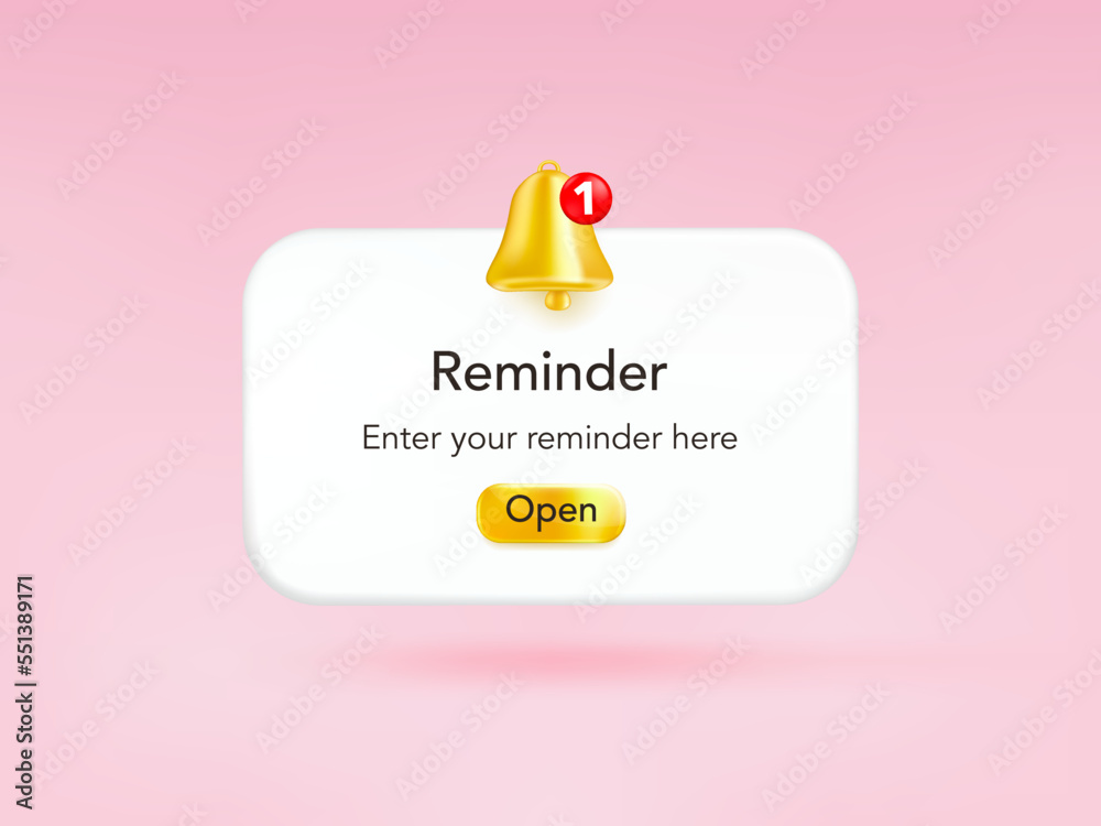 3D reminder notifications page with floating elements. Alert for ...