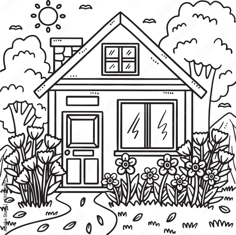 Spring House With Garden Coloring Page for Kids Stock Vector | Adobe Stock