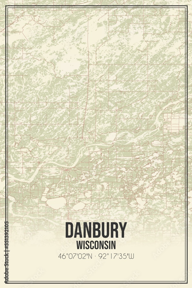 Retro US city map of Danbury, Wisconsin. Vintage street map. Stock ...