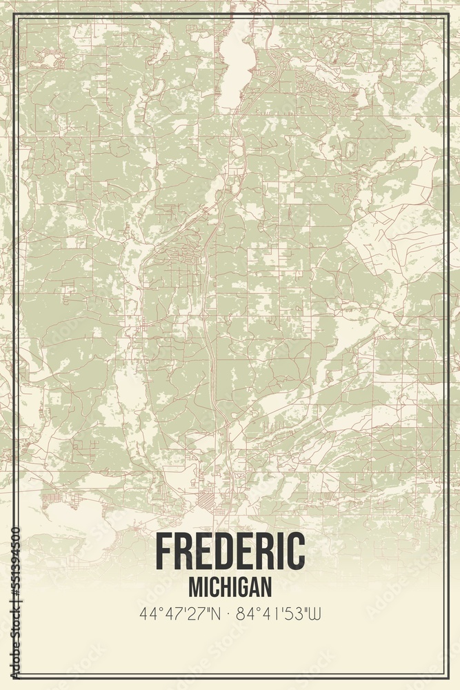 Poster Retro US city map of Frederic, Michigan. Vintage street map ...