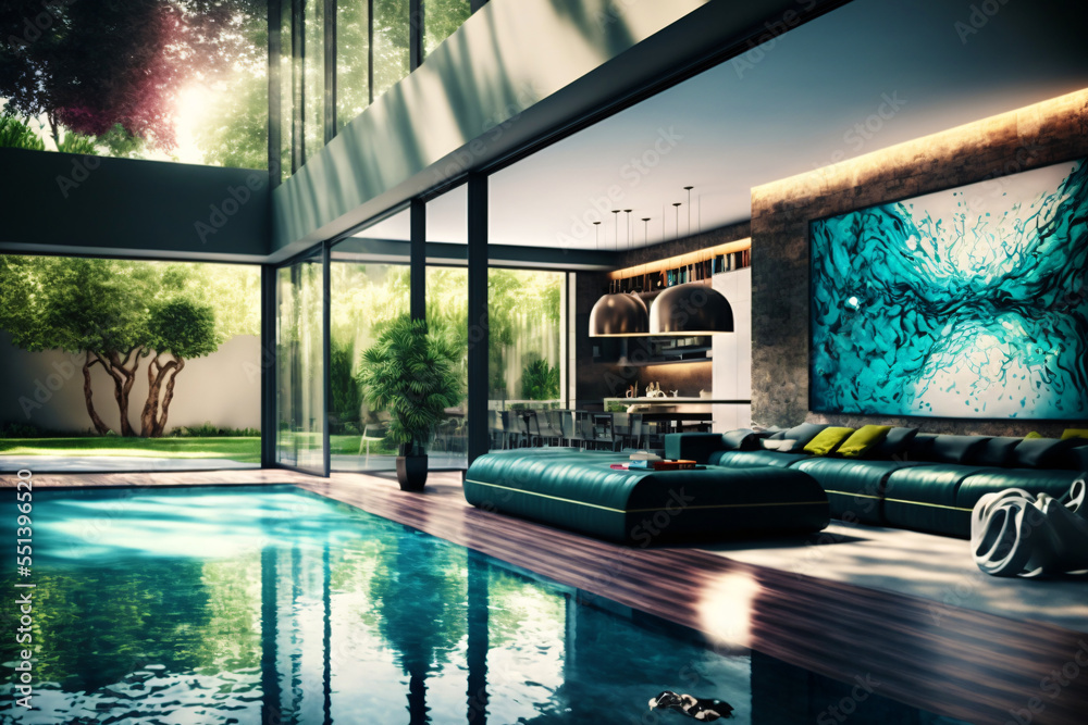 Luxury modern home interior design with swimming pool, fictional ...