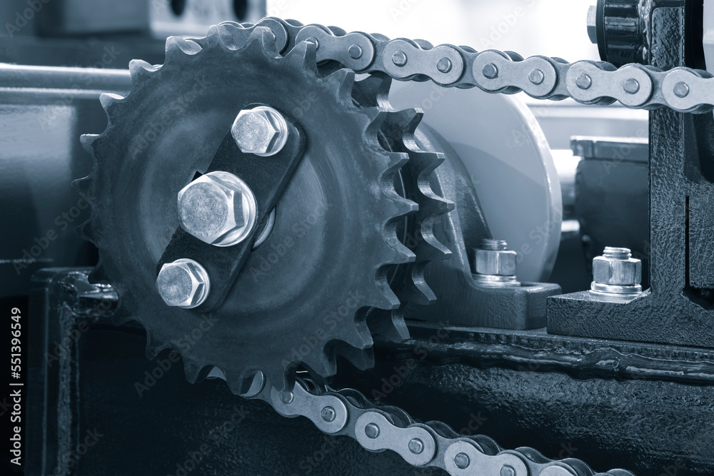 Gear chain drive shaft in conveyor belt is on production line. Timing ...