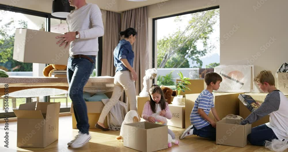 Family, box and property moving and real estate, new home and help ...