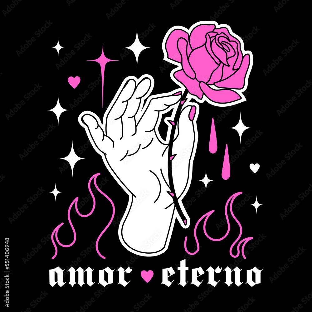 Y2k emo goth print with mystical hand, rose with spikes, slogan about ...