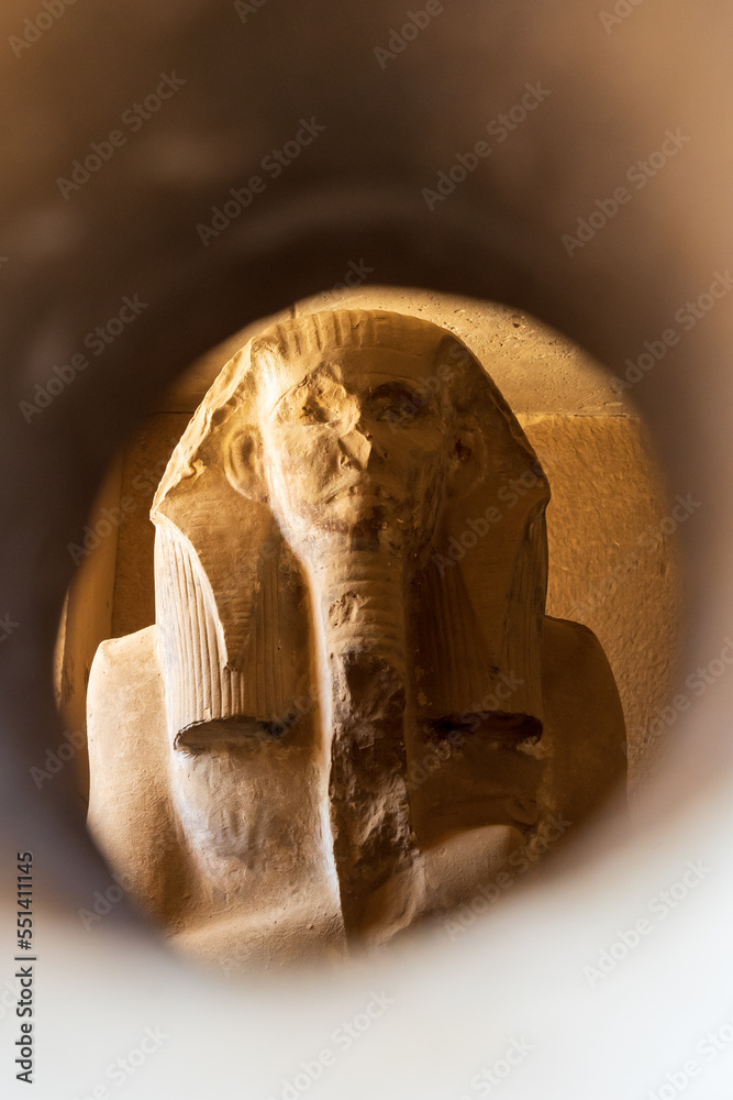 Life-sized statue of Djoser inside the Serdab ('cellar') - a limestone box near the northern ...