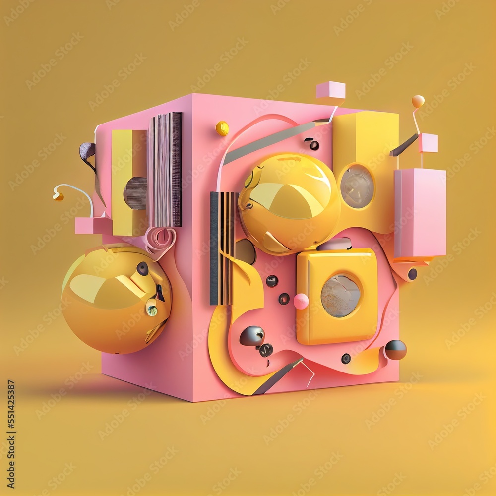 3d design illustration box rendering in yellow and pink, pop album ...