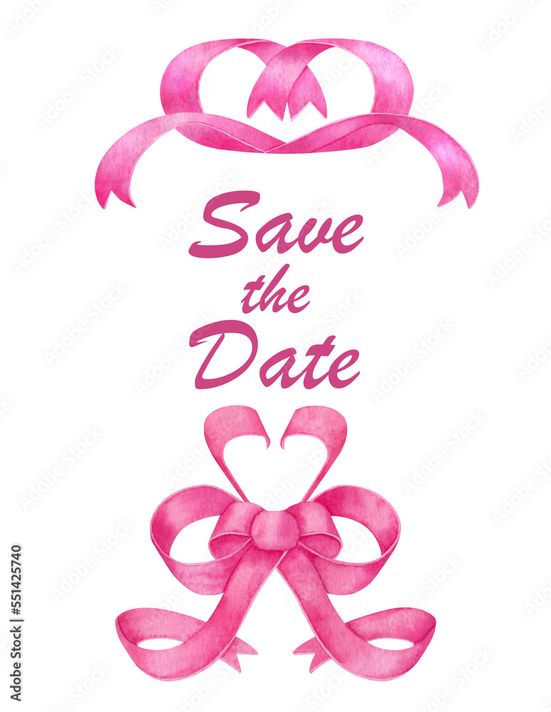 Watercolor hand-drawn invitation card template with pink ribbons for ...