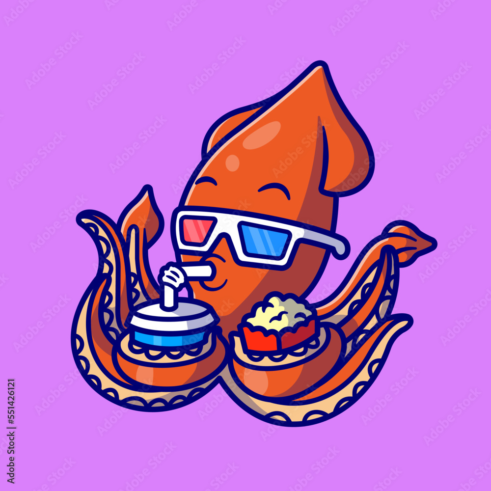 Vecteur Stock Cute Squid Watching Movie With Popcorn And Drink Cartoon ...