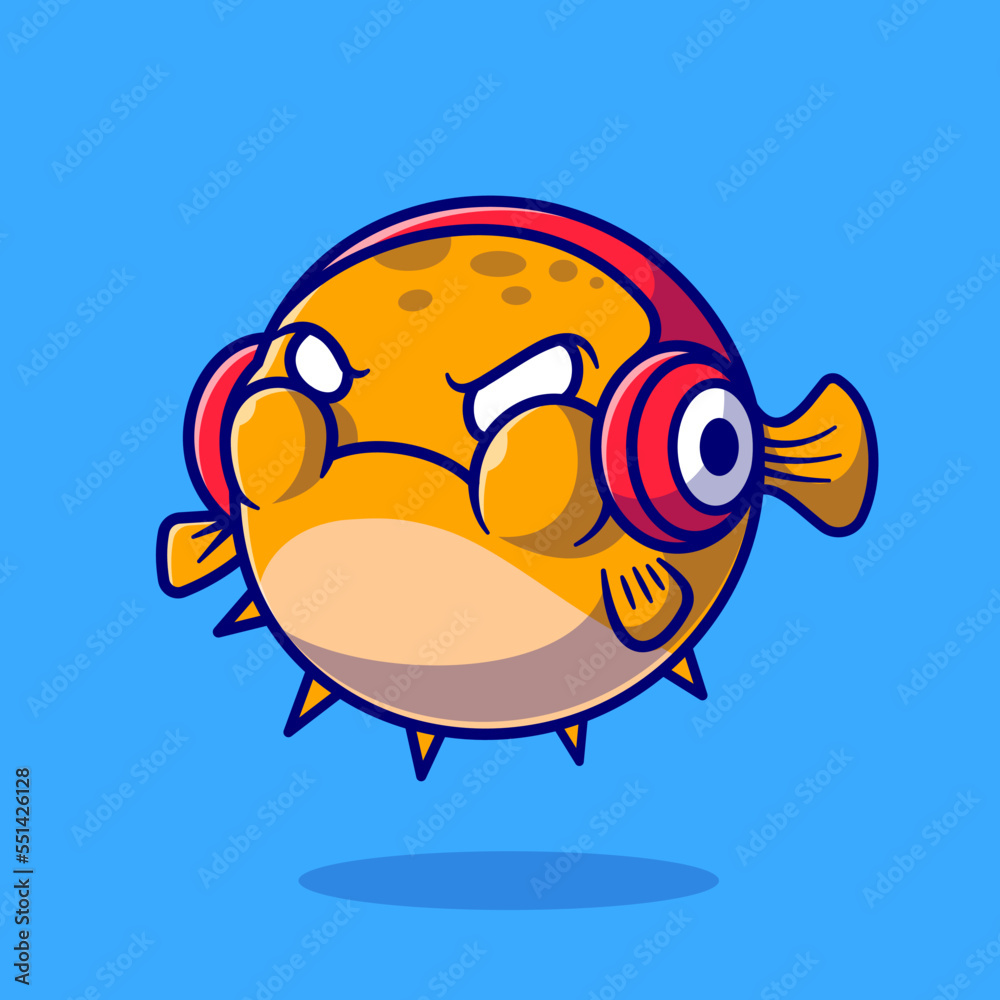 Cute Puffer Fish Angry And Wearing Headphone Cartoon Vector Icon ...