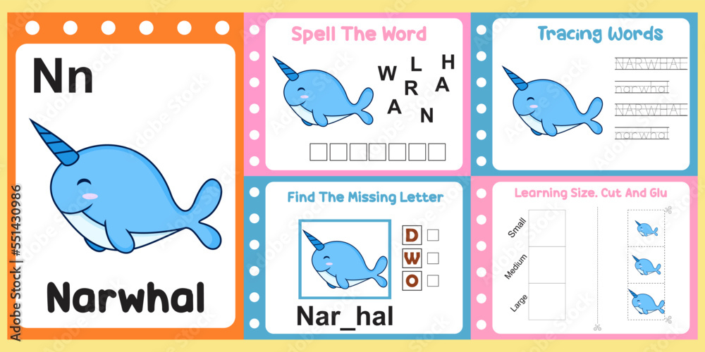 worksheets pack for kids with narwhal. fun learning for children Stock ...