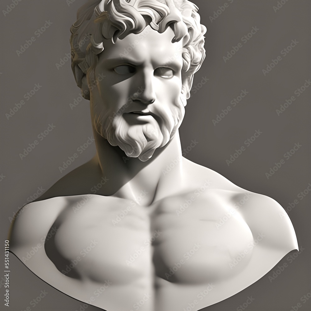 3D illustration featuring a white marble Greek statue bust of a ...