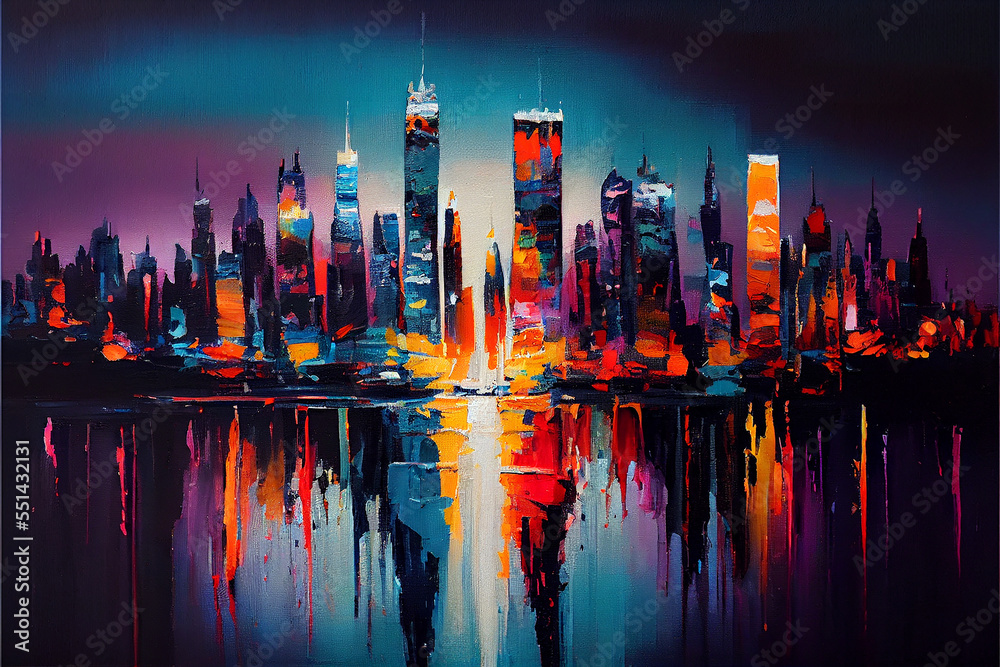 Poster Print Abstract oil painting of the city skyline 40x26.7 cm