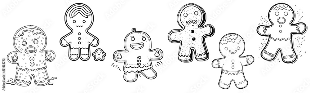 pack of gingerbread people for christmas cards, line art vector ginger ...