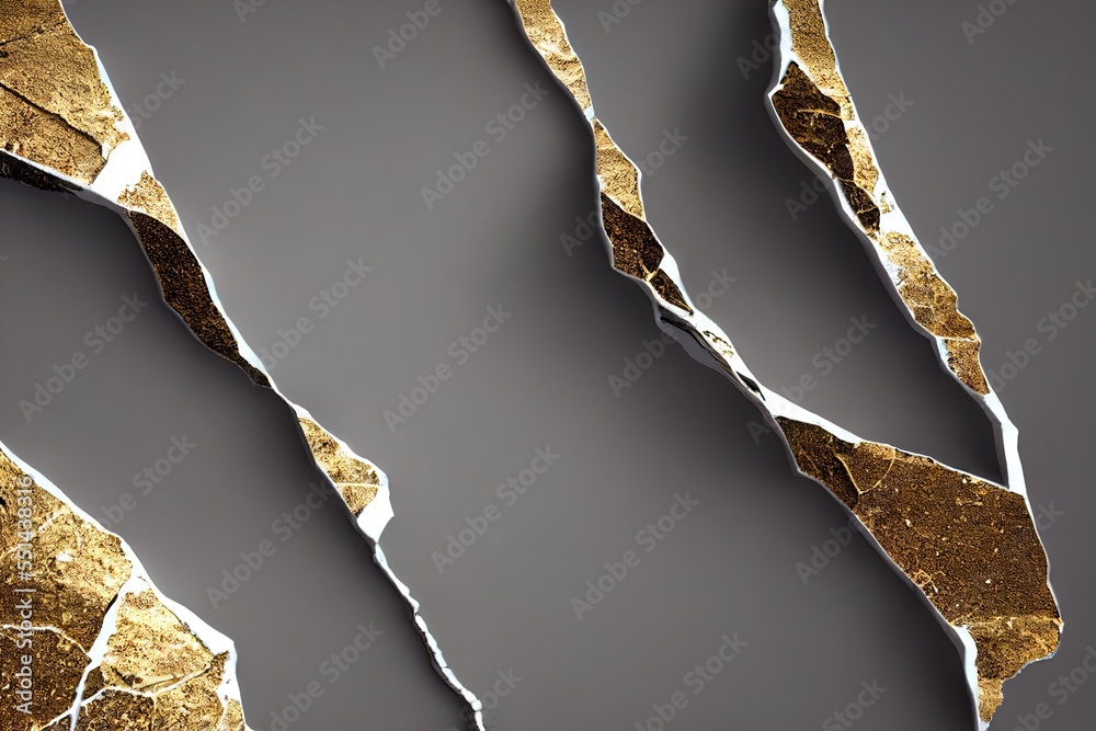 a gold and silver wall with a crack in it's side and a black background ...