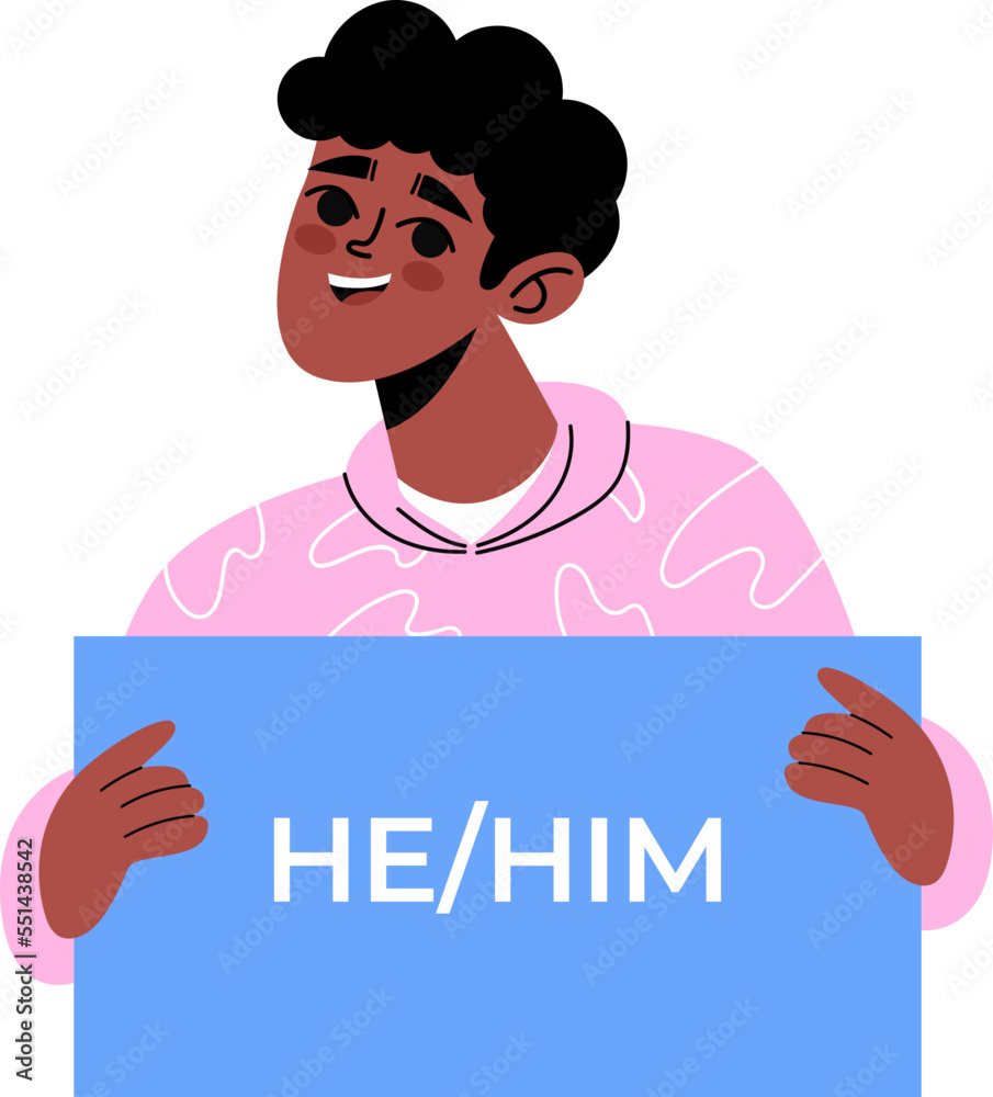 Gender identity pronouns.African american man holding signs with ...