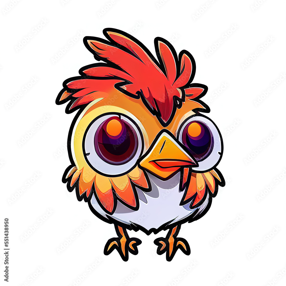 a cartoon chicken with big eyes and a red tail is standing upright in ...