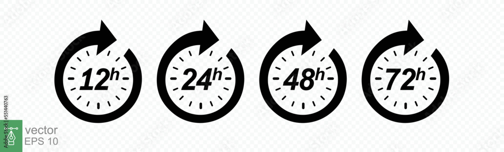 Hour icon set. 12, 24, 48 and 72 hours clock arrow. Fast delivery ...
