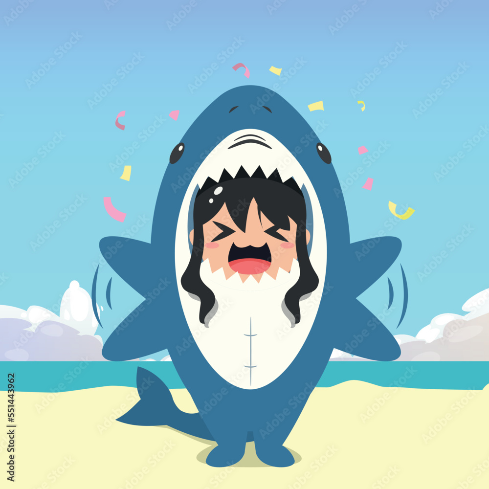 little girl wearing a shark costume character laughing isolated on a ...