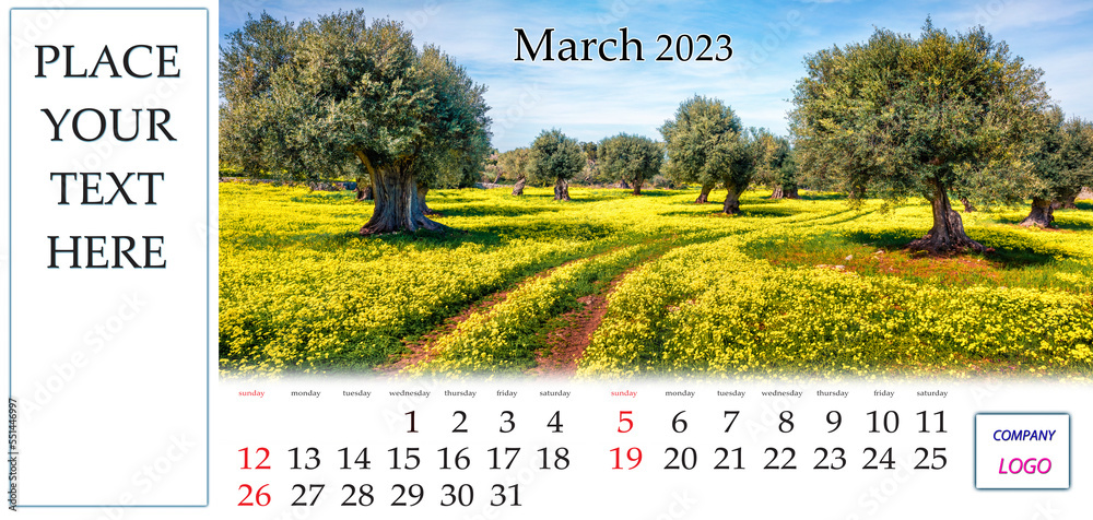 March 2023. Desktop monthly calendar template with place logo and ...