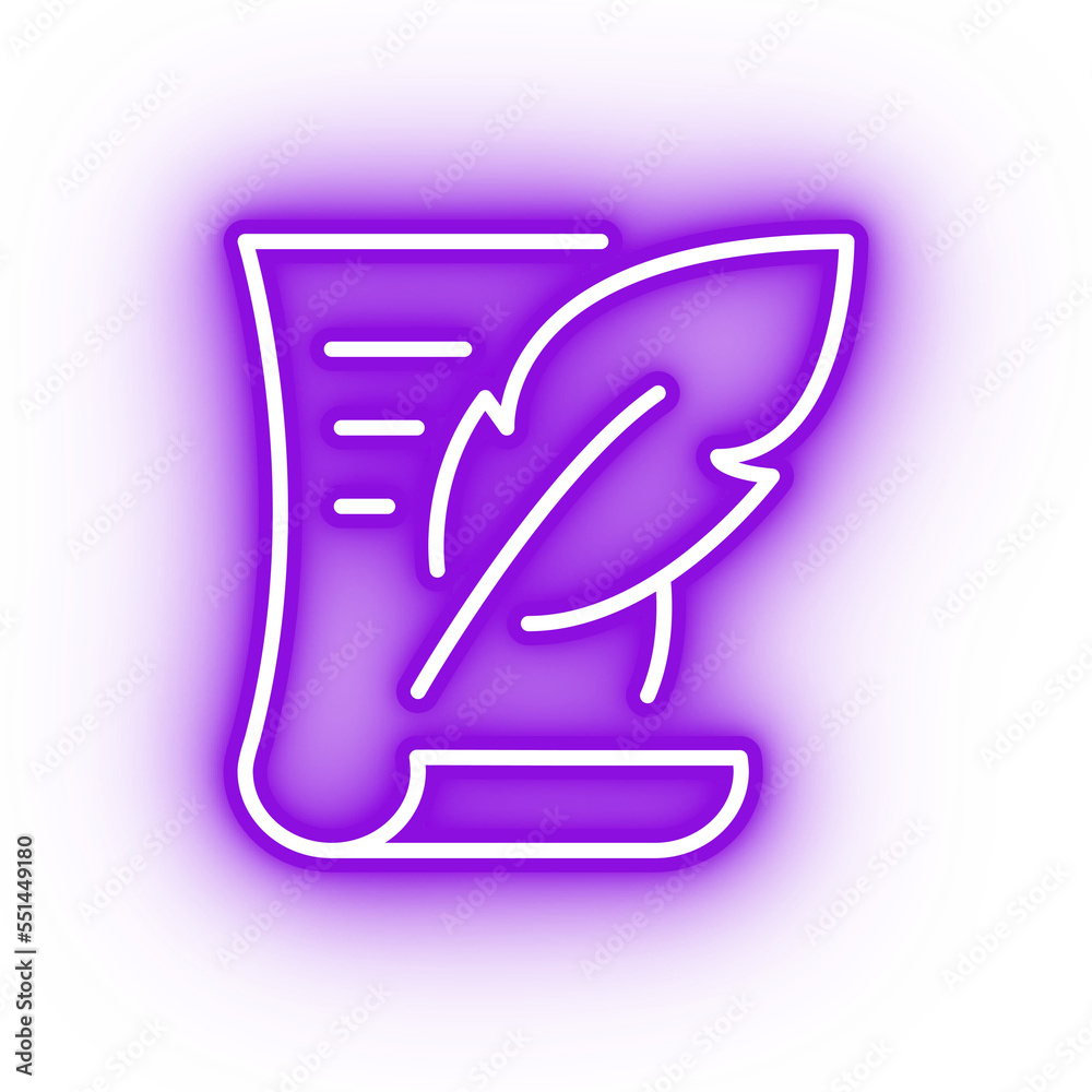 Neon purple list icon, parchment and quill on transparent background ...