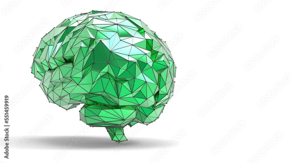 Rotation metallic green polygonal human brain on white background. Low ...