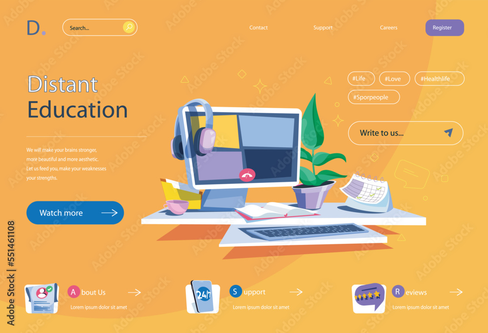 Distant education concept in flat cartoon design for homepage layout ...
