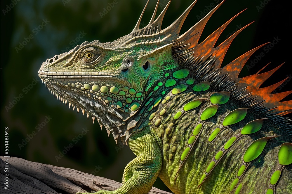 The light shining on the back of a green iguana, revealing its sharp ...