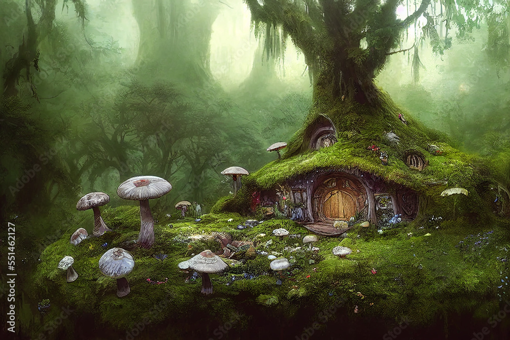 hobbit house in a tree covered by moss Stock Illustration | Adobe Stock