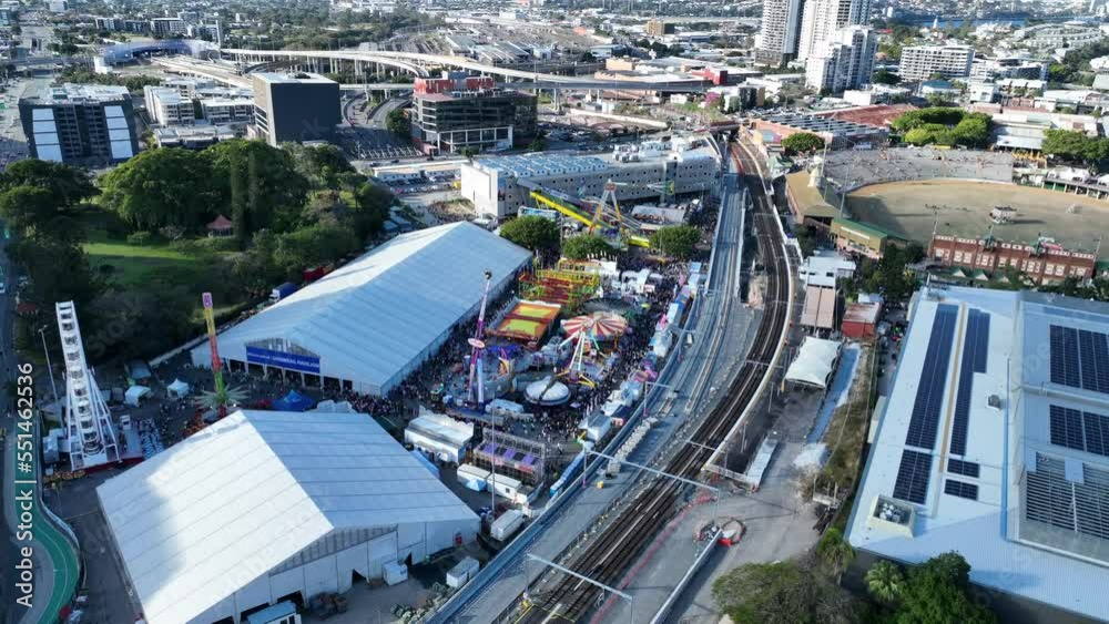 Orbiting drone shot of Brisbane Showgrounds during the Ekka carnival ...