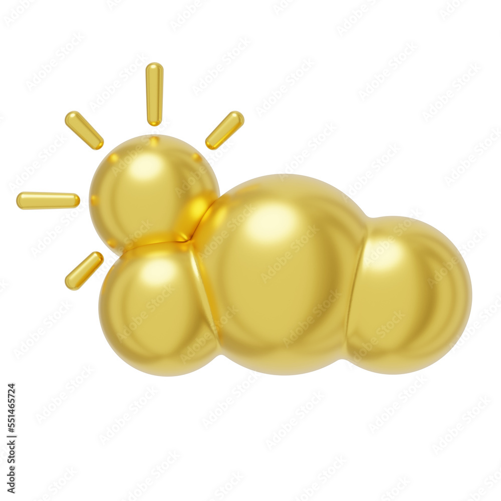 Cartoon cloud with sun gold metal. 3D rendering. PNG icon on ...