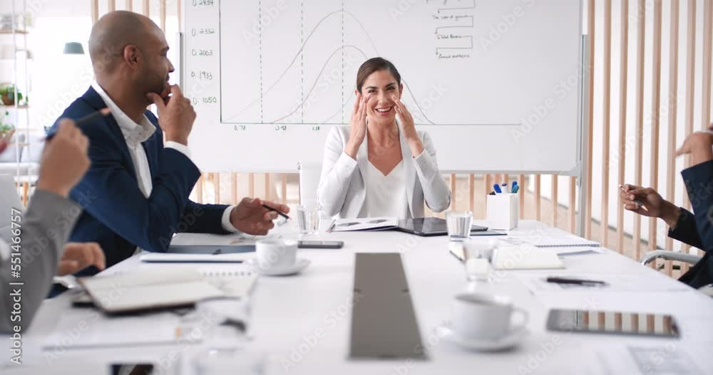 Business woman, laughing or crying in office meeting for digital ...