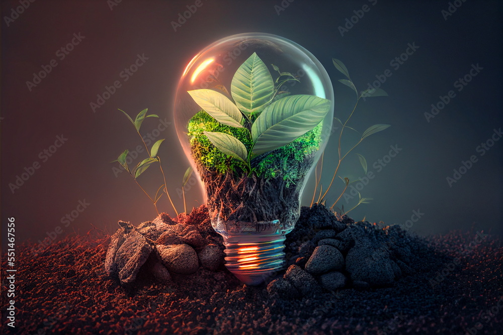 Light bulb is located on the soil, and plant are growing with growth ...