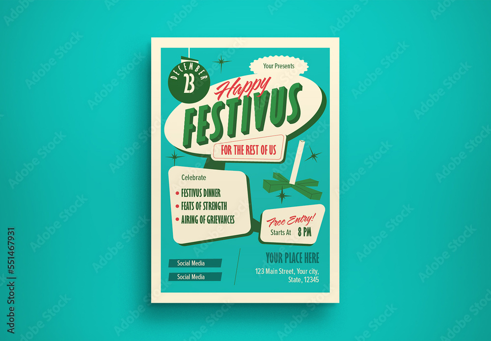 Blue Mid Century Happy Festivus Flyer Stock Template | Adobe Stock