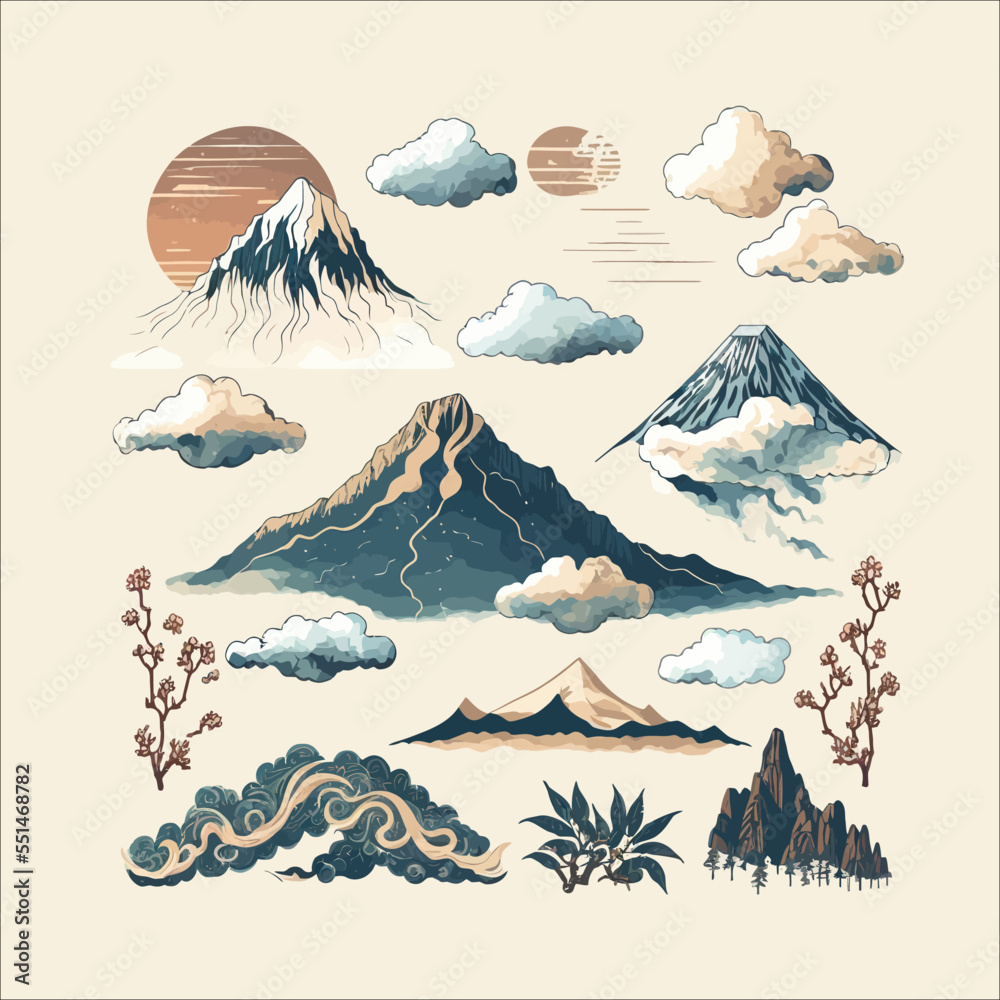 Collection of hand drawn clouds and mountains. Chinese and Japanese ...